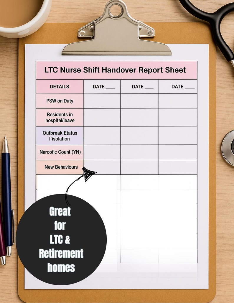 LTC Nurse Shift Handover Report Sheet | Printable Nurse Report Template ...