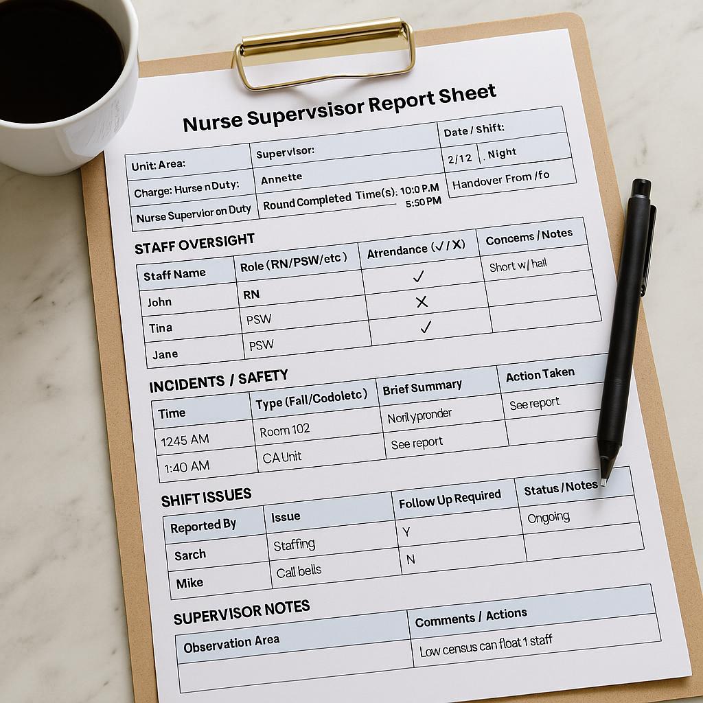 Nurse Supervisor Report Sheet, Printable PDF for Shift Handover ...