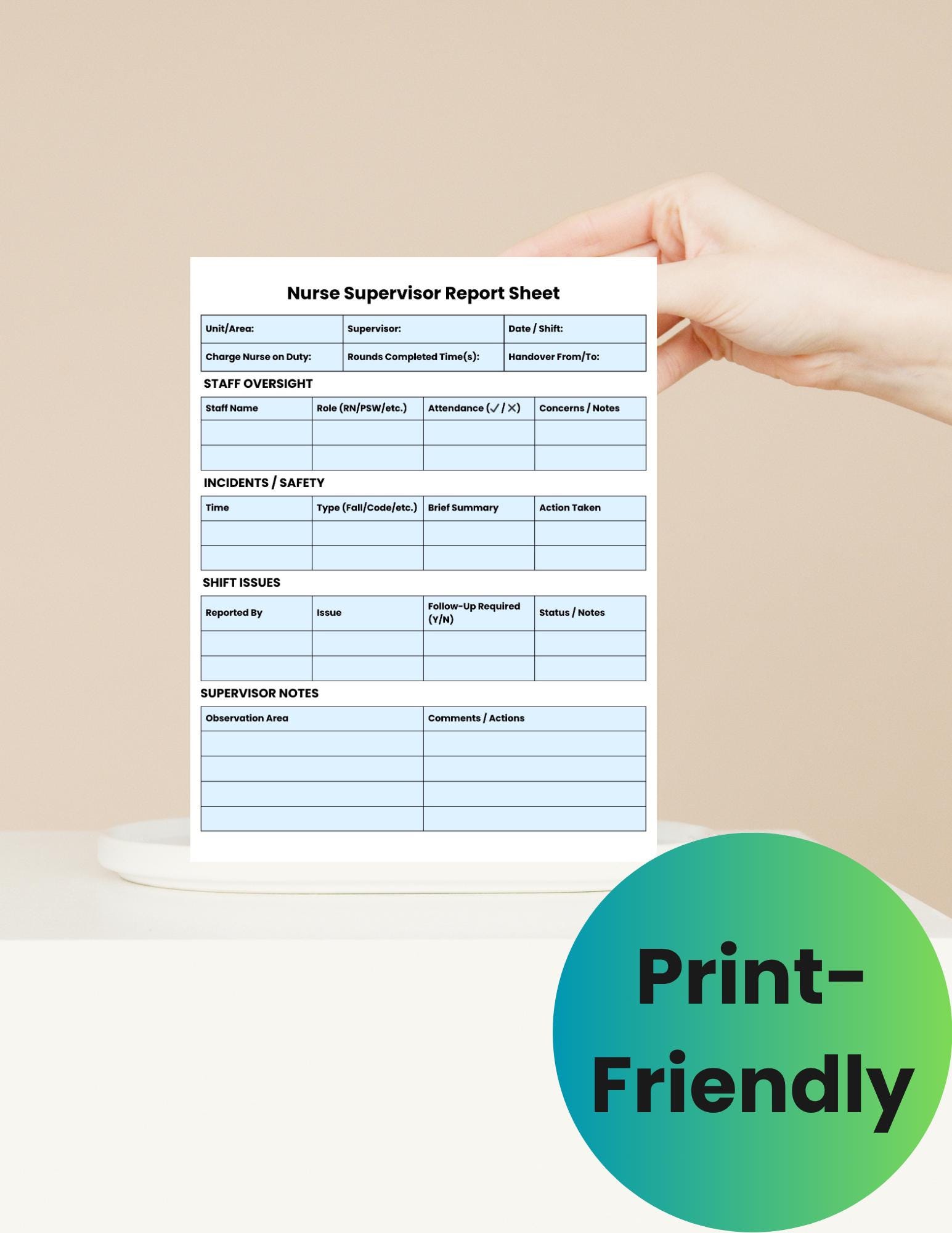 Nurse Supervisor Report Sheet, Printable PDF for Shift Handover ...