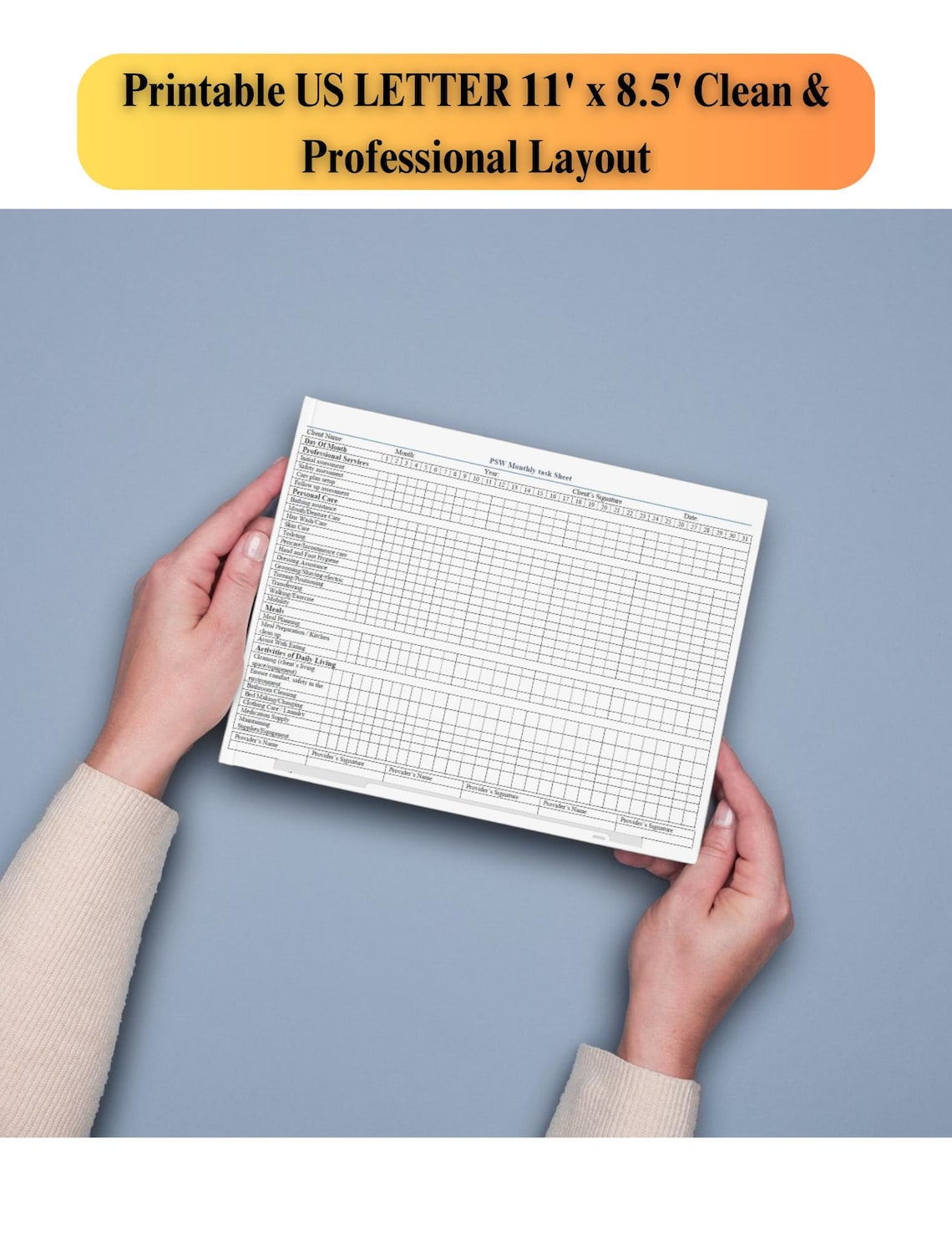 PSW Monthly Task Sheet Pdf, Daily Care Log Printable, CNA Monthly Task ...