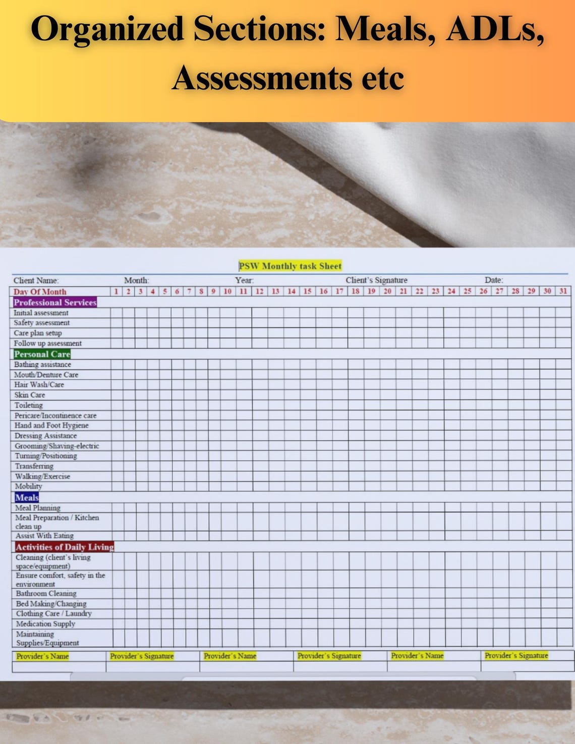 PSW Monthly Task Sheet Pdf, Daily Care Log Printable, CNA Monthly Task ...