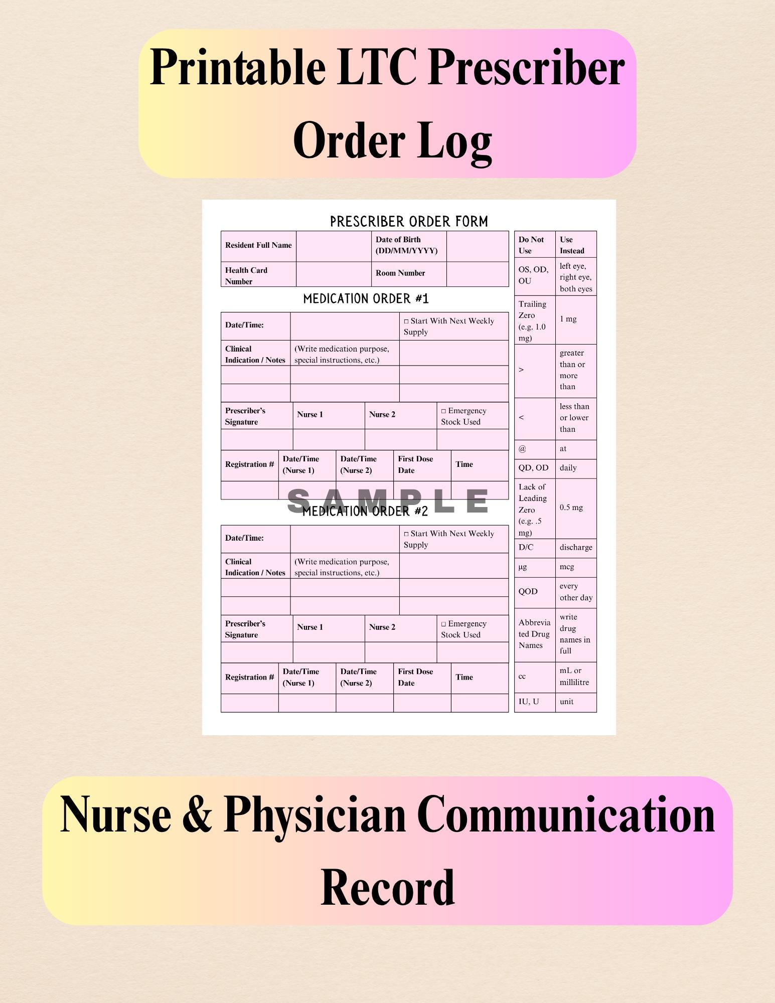 Prescriber Order Form for Nurses, Printable Medication Directive Log ...