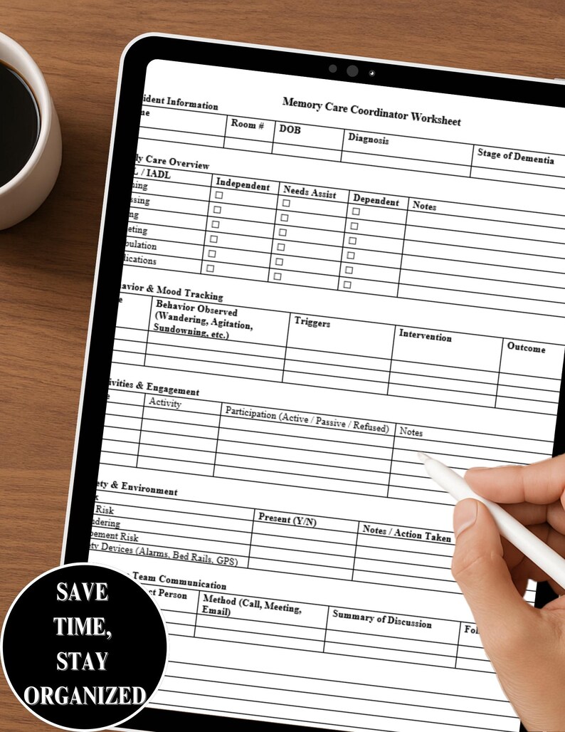 Memory Care Coordinator Worksheet for Dementia Care, Tracking Sheet for ...