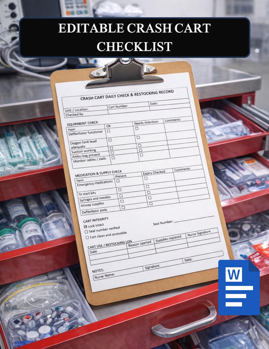 Crash Cart Daily Check Checklist for Nurses | Code Blue Cart Inspection ...
