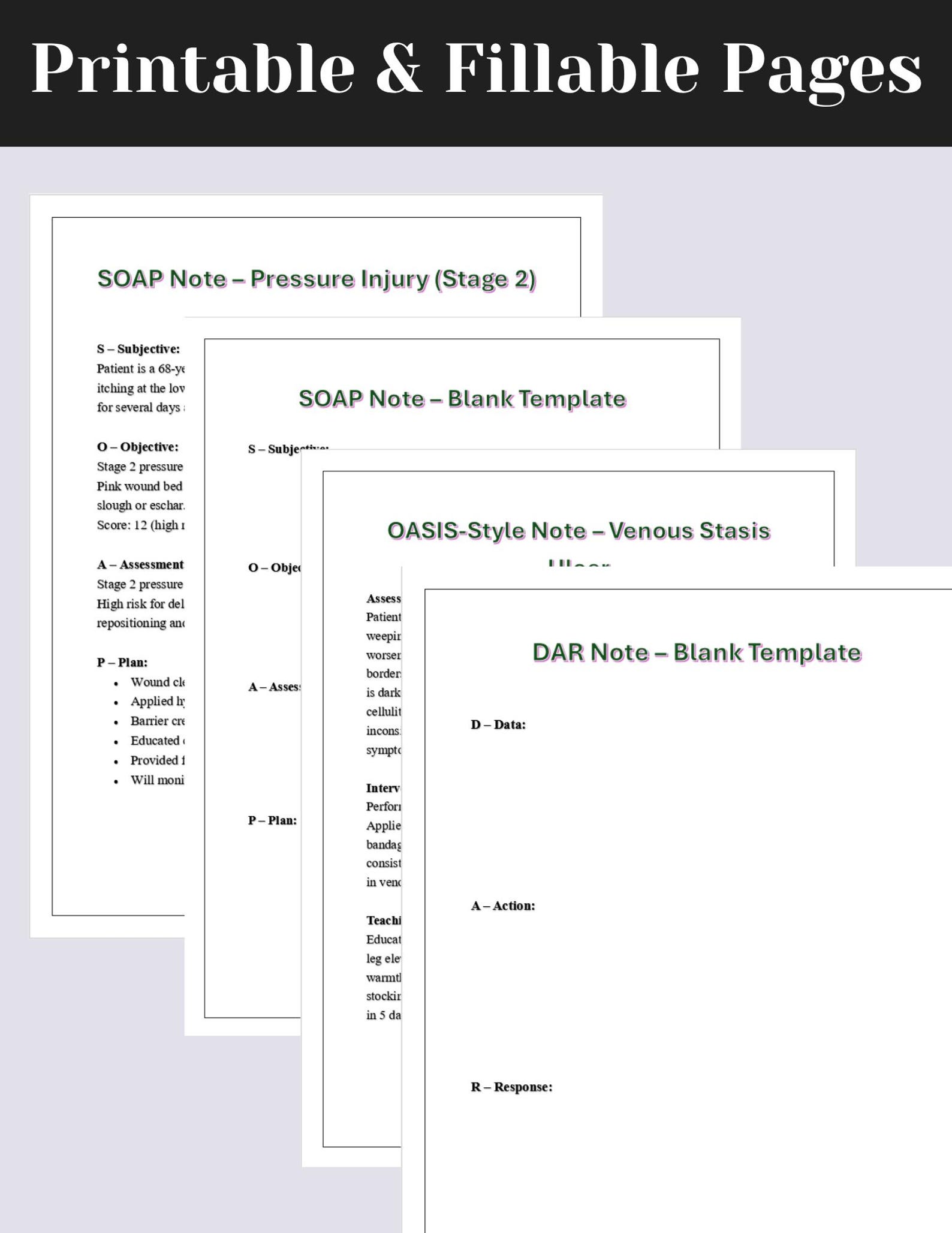 Wound Care Nursing Charting Kit, Soap, Dar, Oasis Notes, Printable and ...