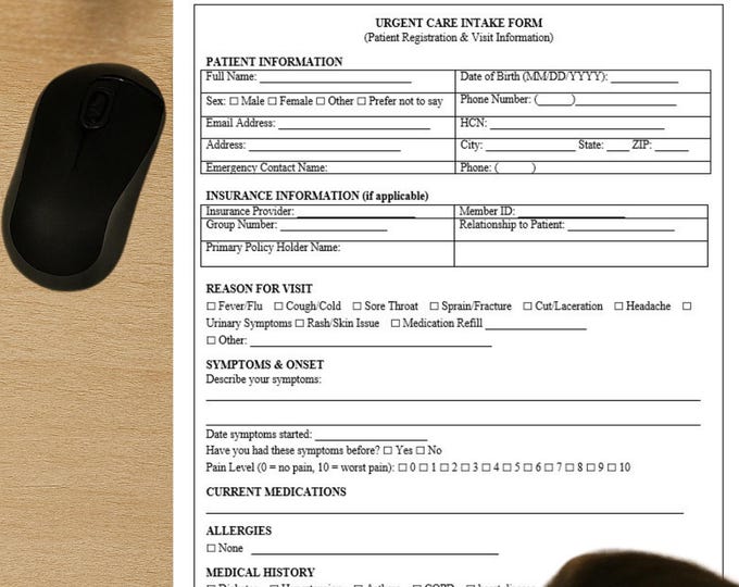 Printable Urgent Care New Patient Registration Form for Walk in Clinics, Nurse Practitioners ...