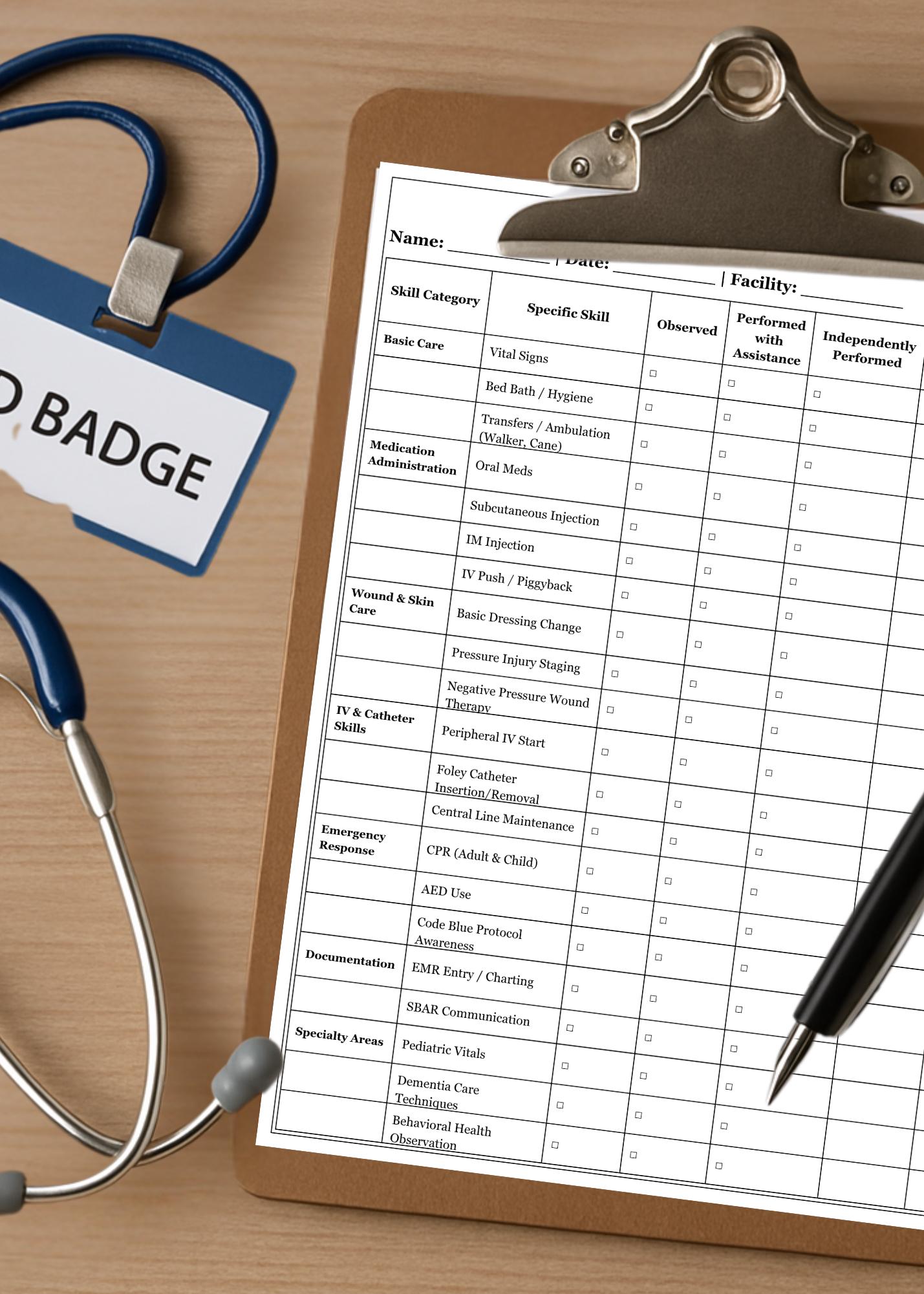 Editable Nursing Skills Checklist Template, Printable Nursing Skills ...