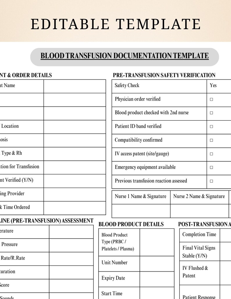 Blood Transfusion Documentation Template for Nurses | Hanging Blood ...