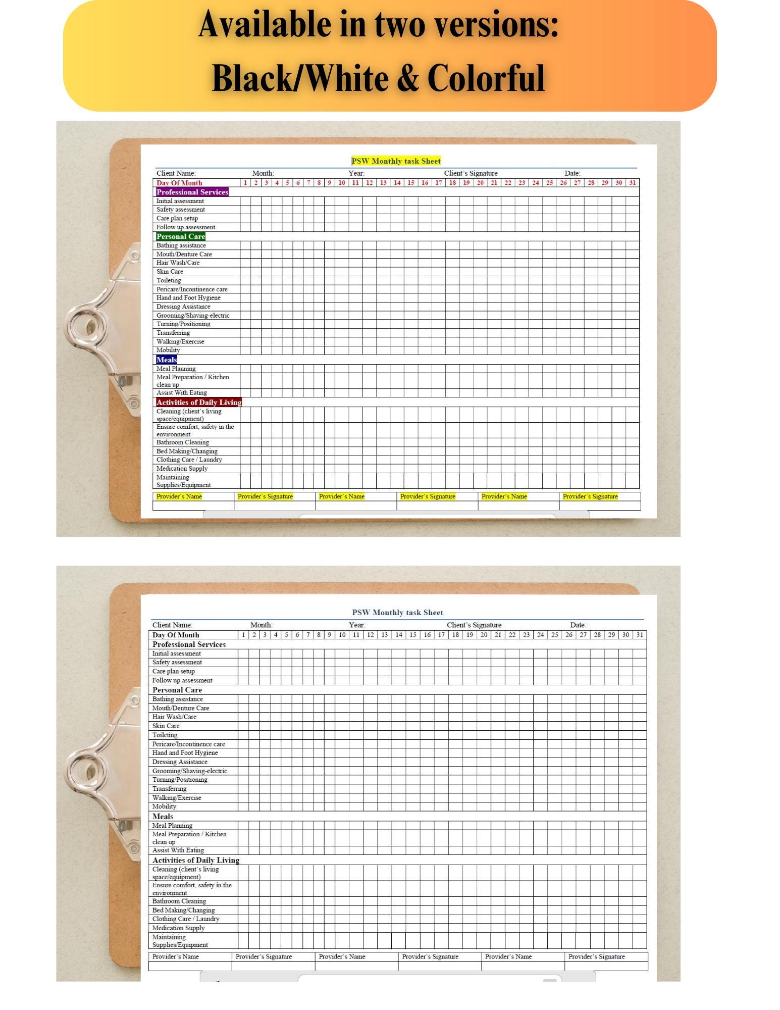 PSW Monthly Task Sheet Pdf, Daily Care Log Printable, CNA Monthly Task ...