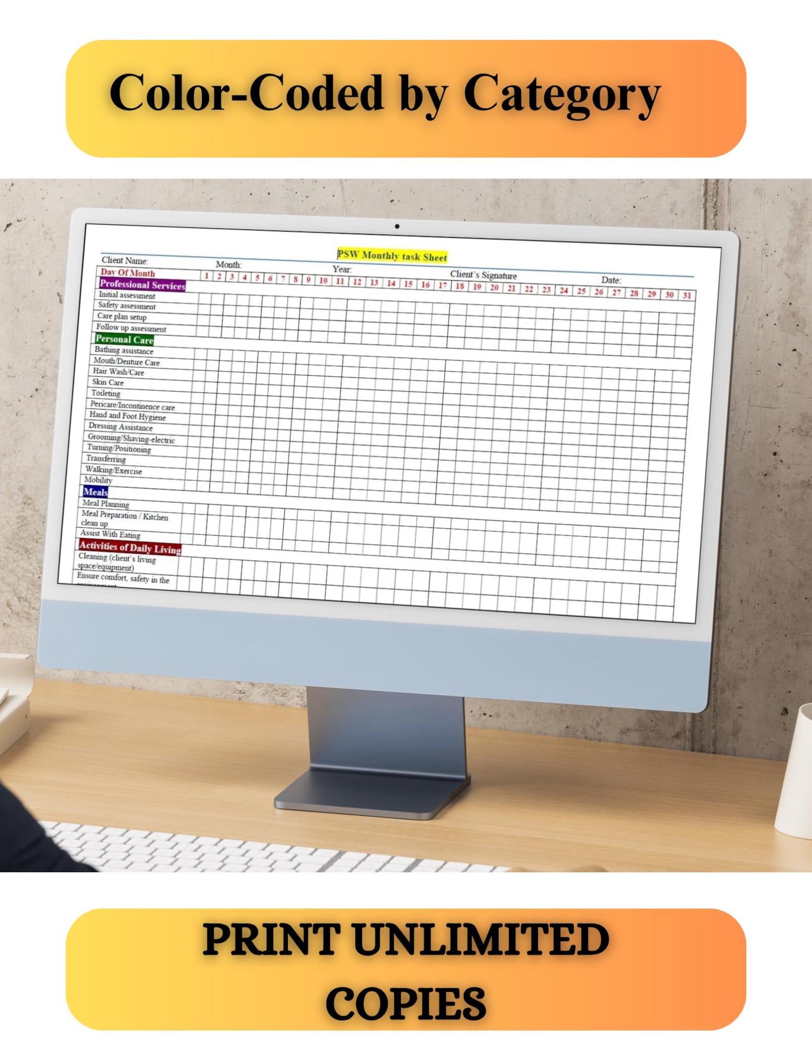 PSW Monthly Task Sheet Pdf, Daily Care Log Printable, CNA Monthly Task ...