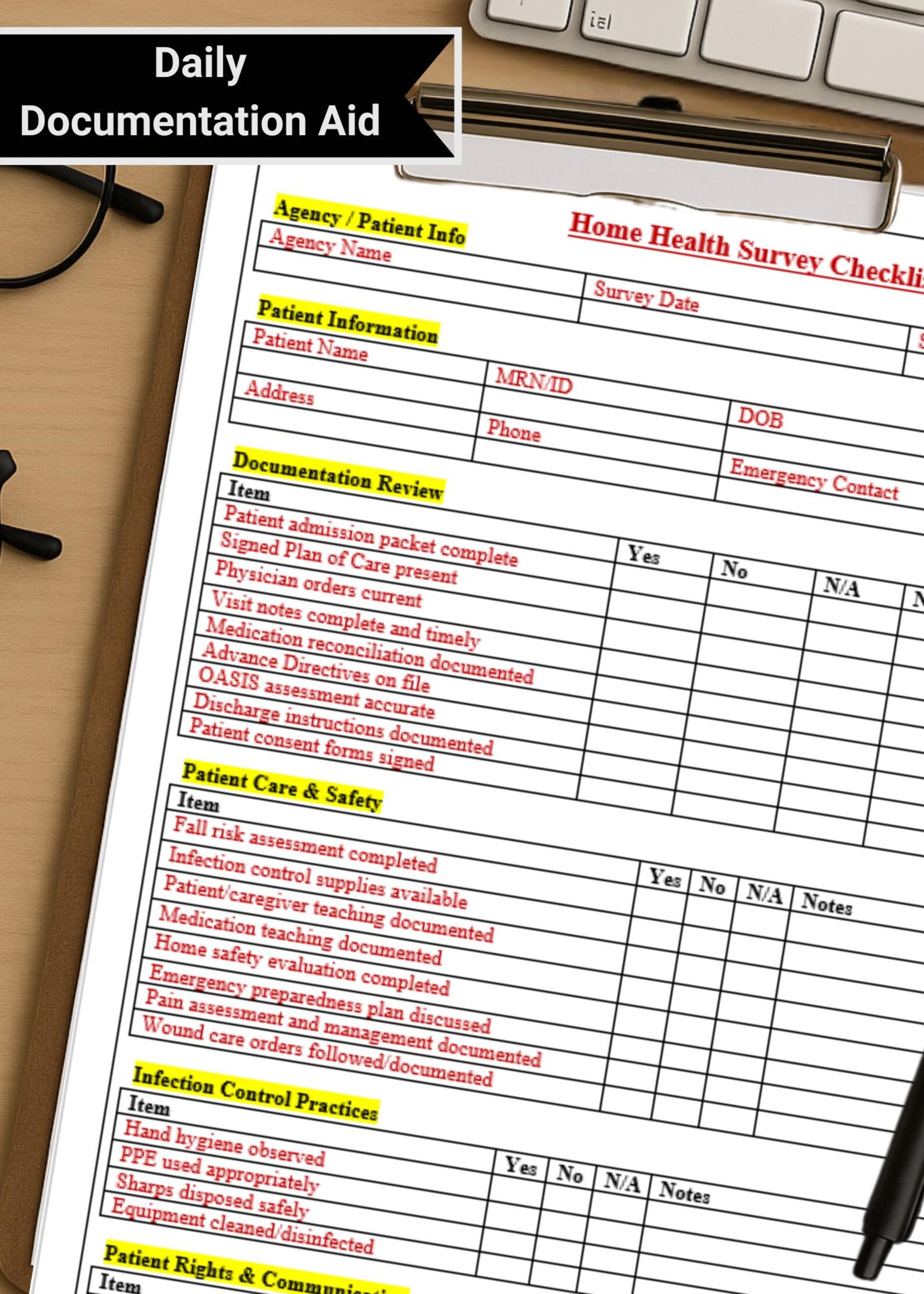 Home Health Survey Checklist, Editable Word Document, Nursing Form ...