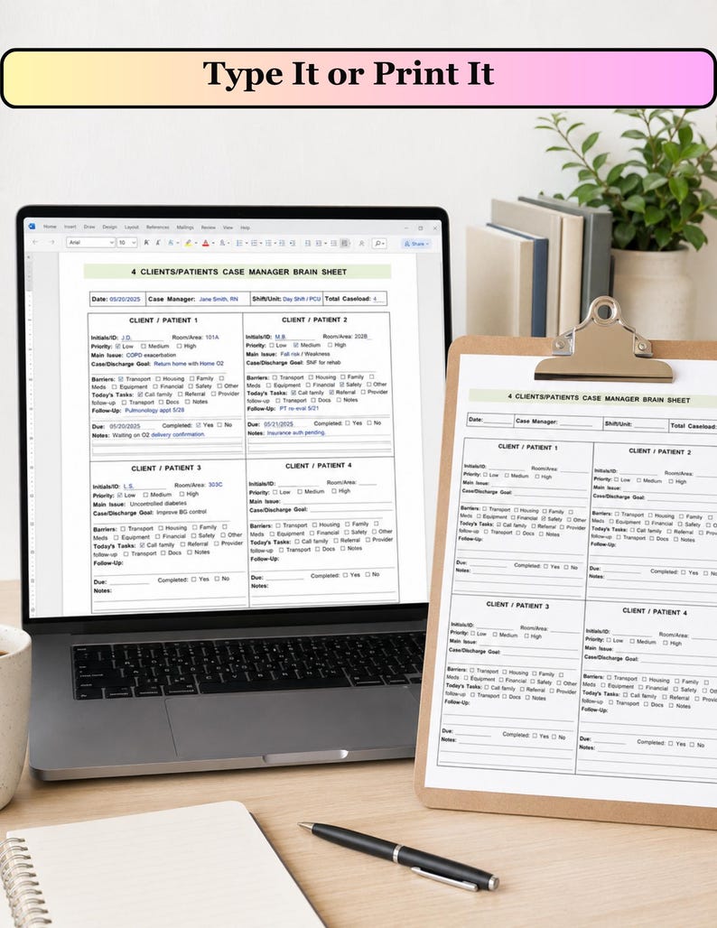 Case Manager Brain Sheet for 4 Clients, Editable Word Template and Case ...
