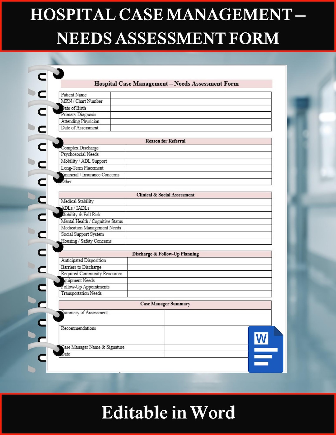 Hospital Case Management Needs Assessment Form, Editable Discharge ...