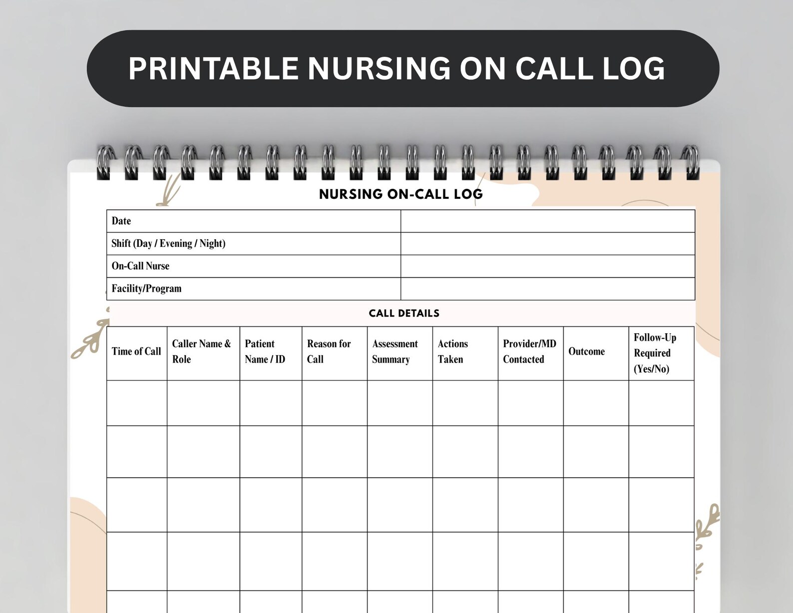 Nursing On-call Log Template Landscape | Printable Nurse Call Sheet PDF ...
