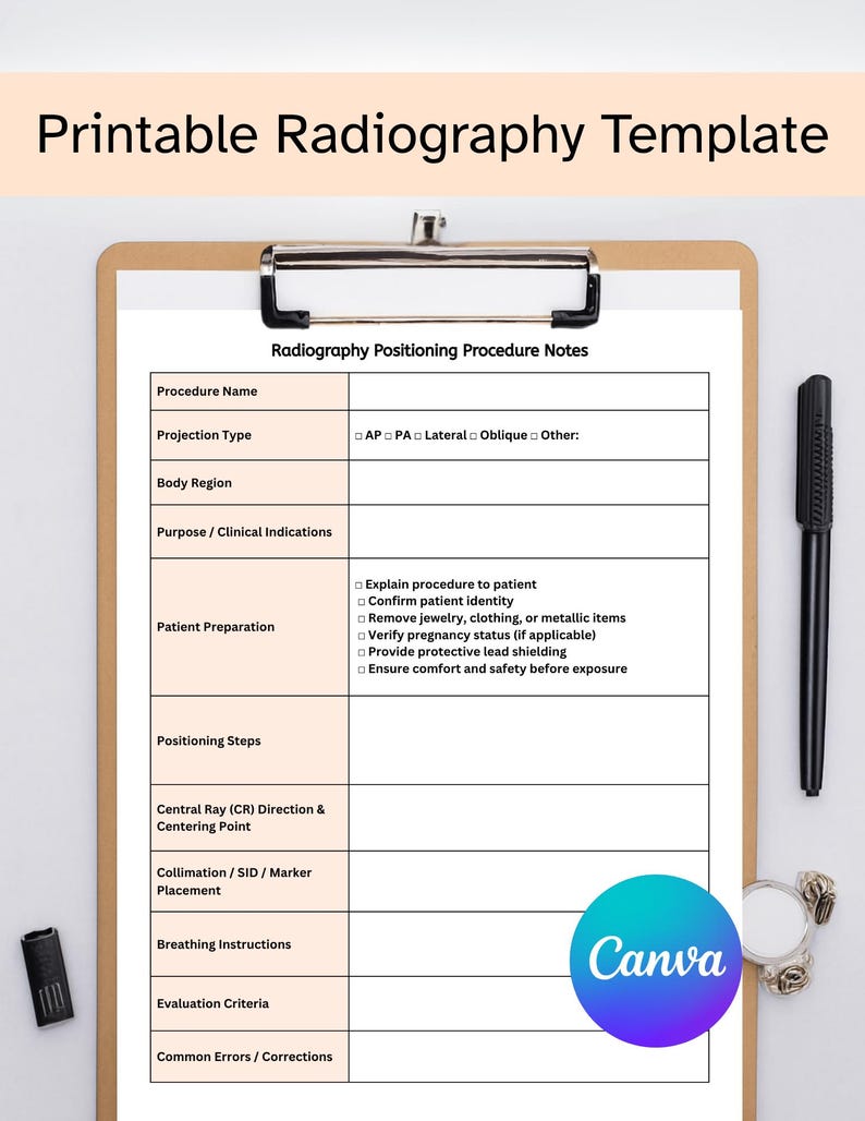 Radiography Positioning Procedure Notes Template – Editable Canva Form ...