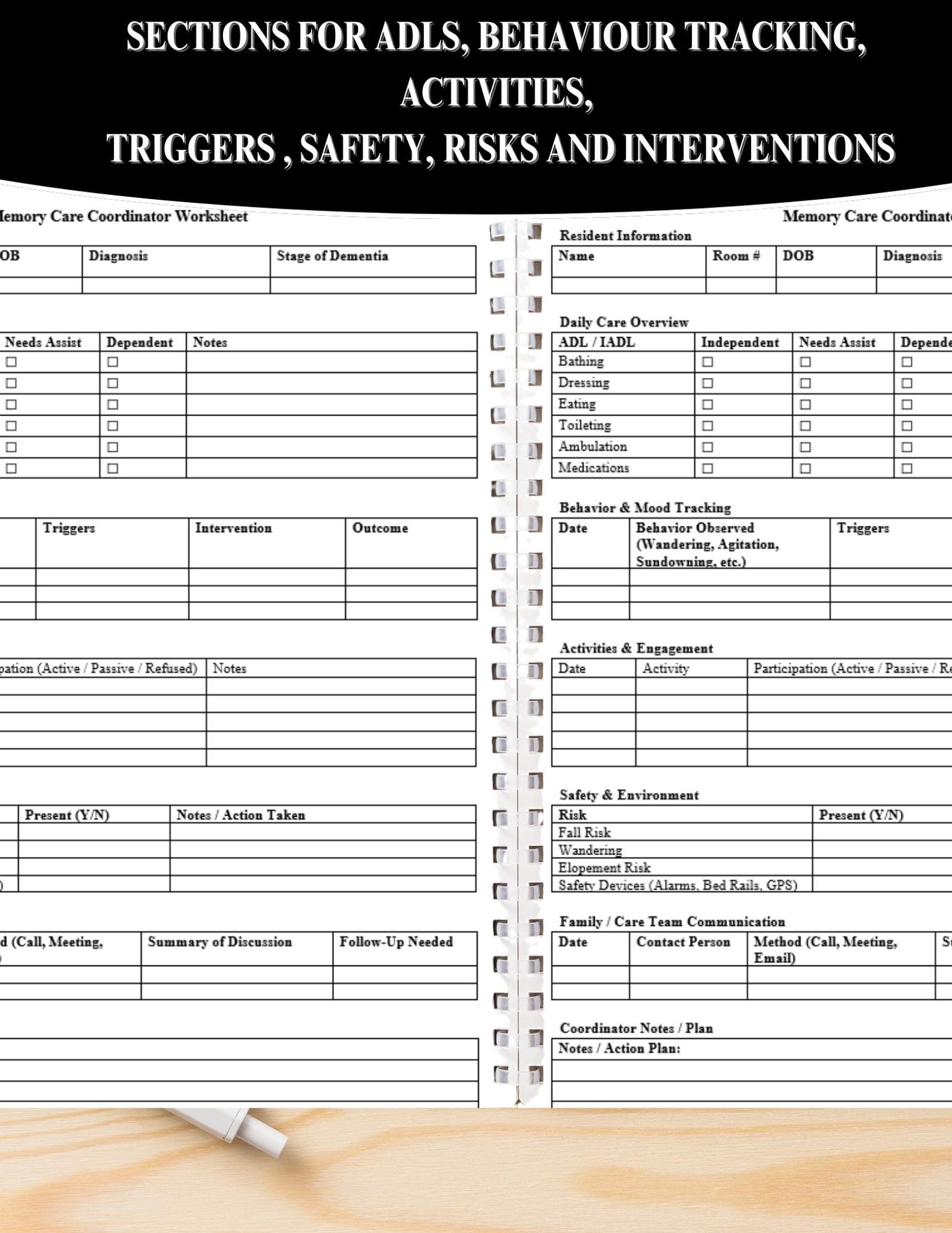 Memory Care Coordinator Worksheet for Dementia Care, Tracking Sheet for ...