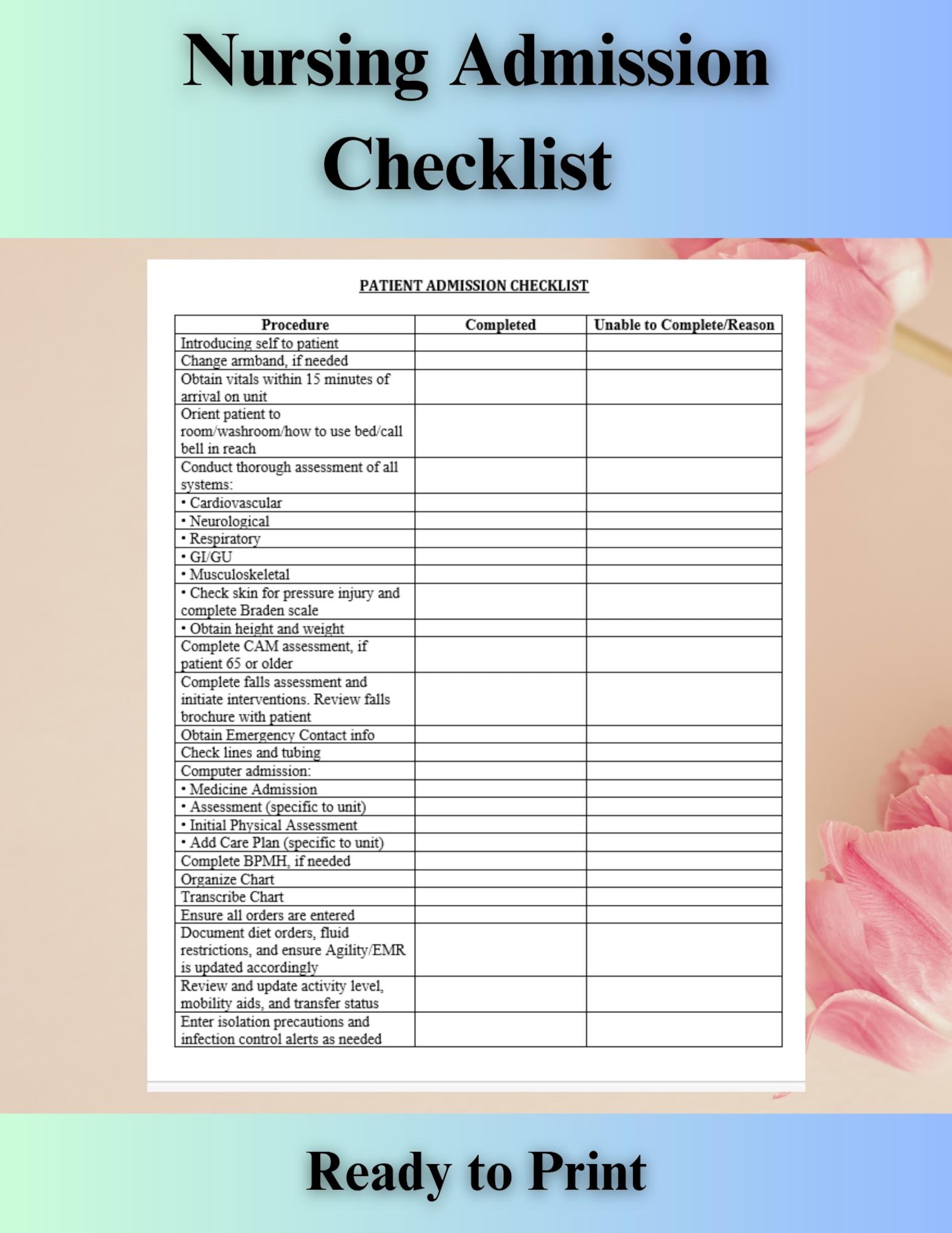 Patient Admission Checklist Template for Nurses, Editable Word Document ...