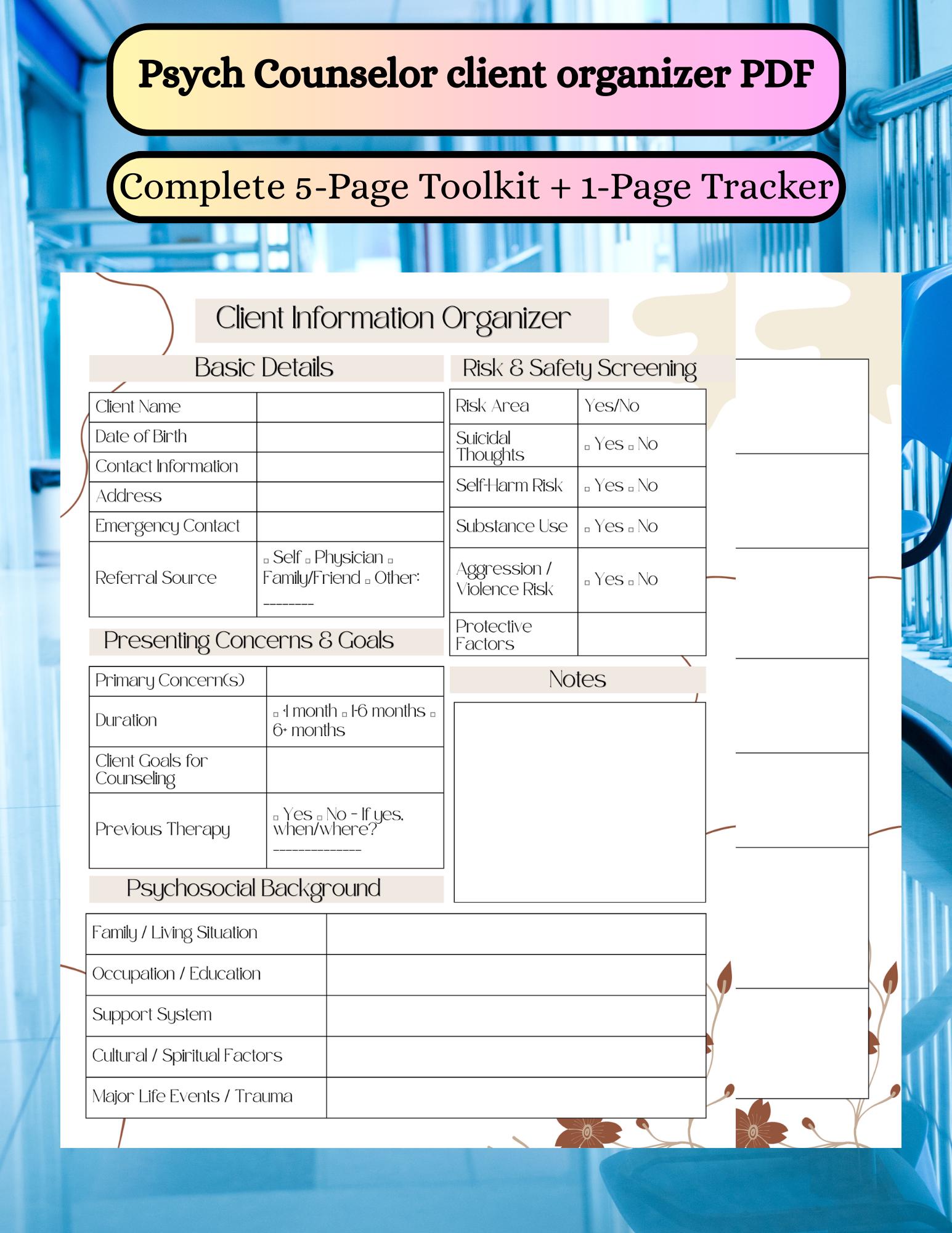 Client Information Organizer for Counselors, 5-page Therapy Intake ...