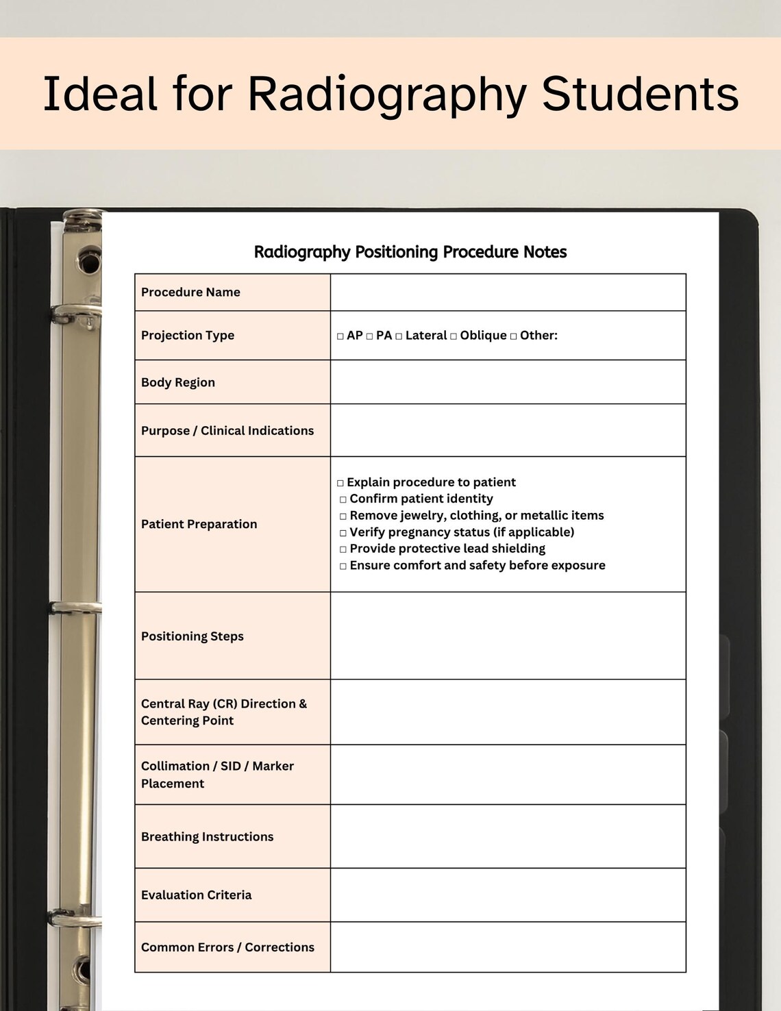Radiography Positioning Procedure Notes Template – Editable Canva Form ...