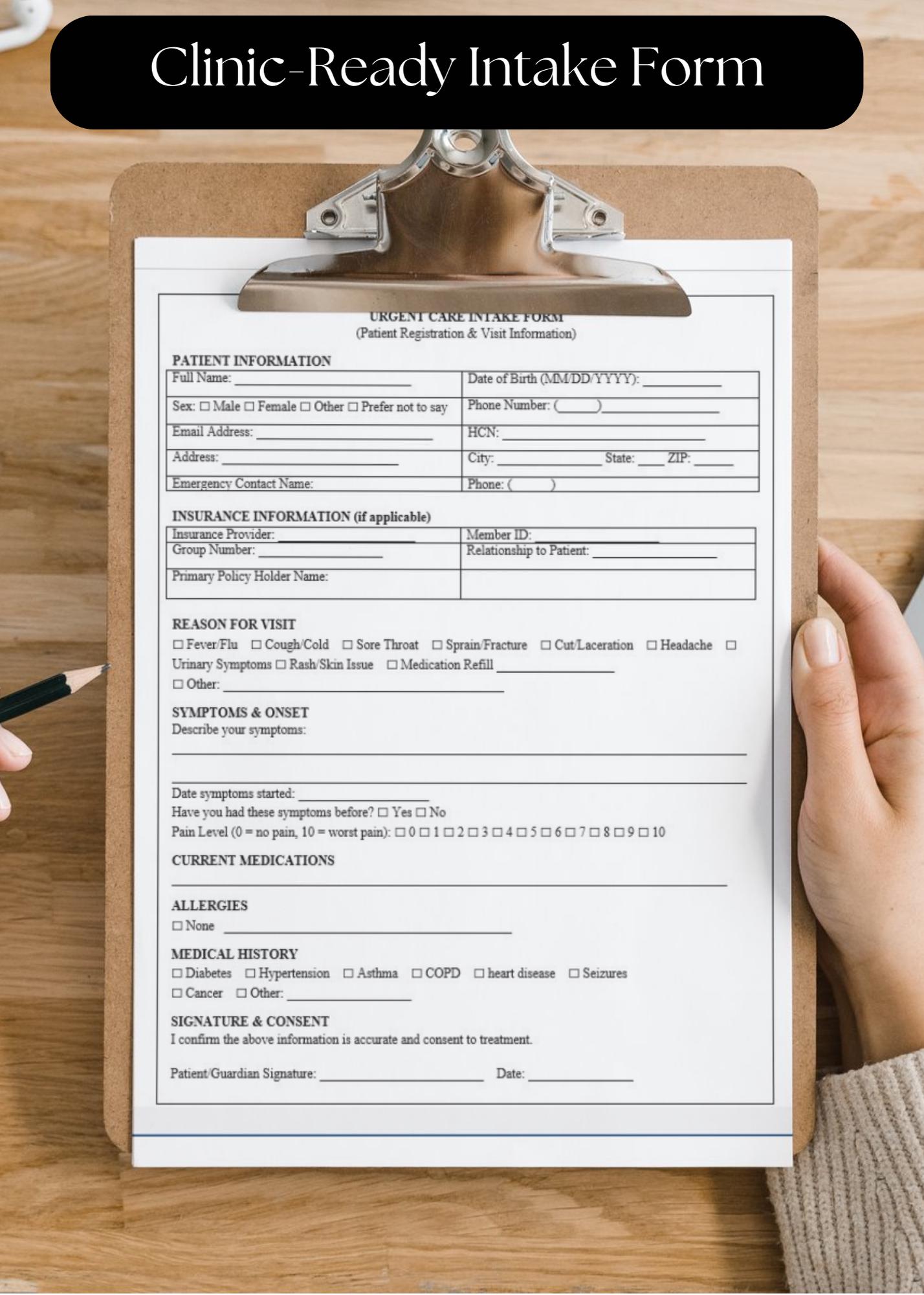 Printable Urgent Care New Patient Registration Form for Walk in Clinics ...