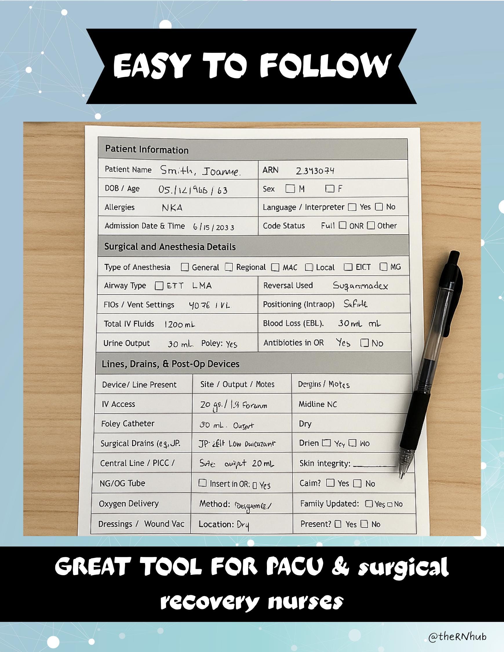 PACU Nurse Report Sheet, Pacu Nursing Printable Report Sheet, Digital ...