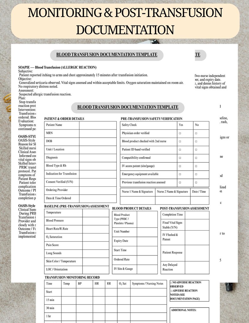 Blood Transfusion Documentation Template for Nurses | Hanging Blood ...