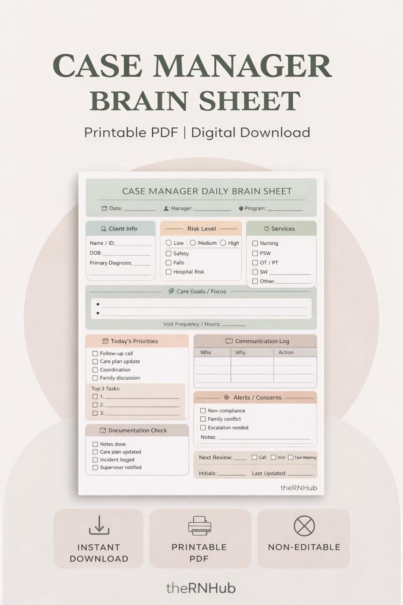 Case Manager Brain Sheet | Case Management Planner | Care Coordination ...