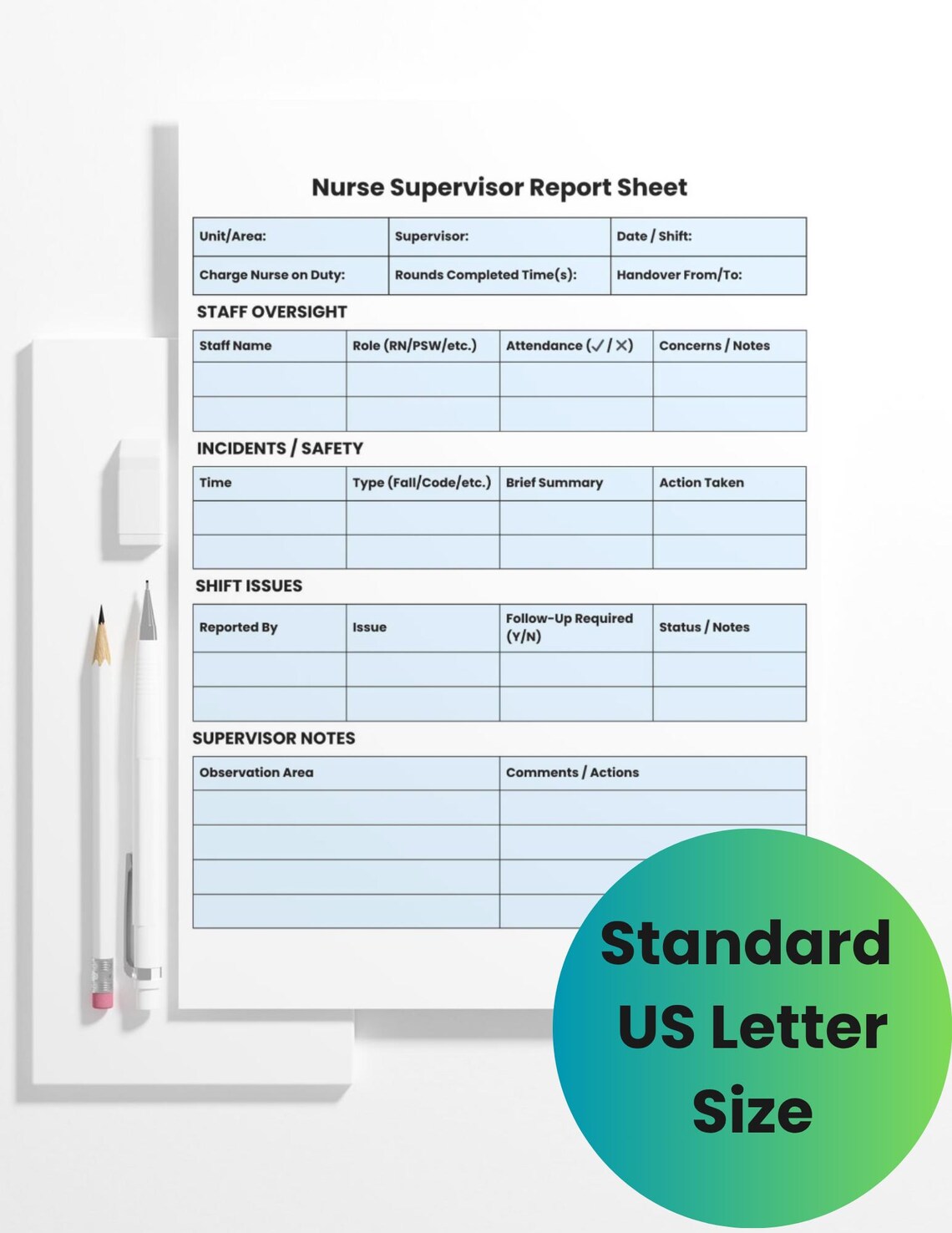 Nurse Supervisor Report Sheet, Printable PDF for Shift Handover ...