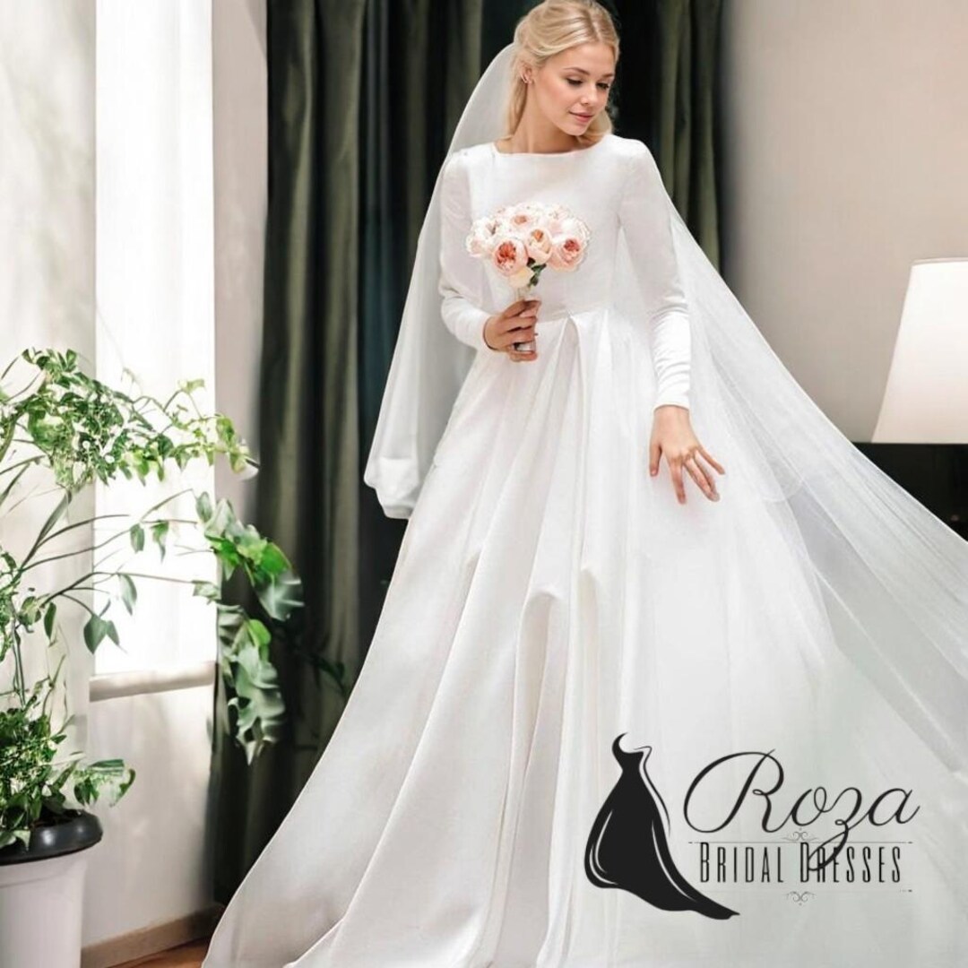 Modest Satin Wedding Dress | Long Sleeve Bridal Gown | Elegant Wedding ...