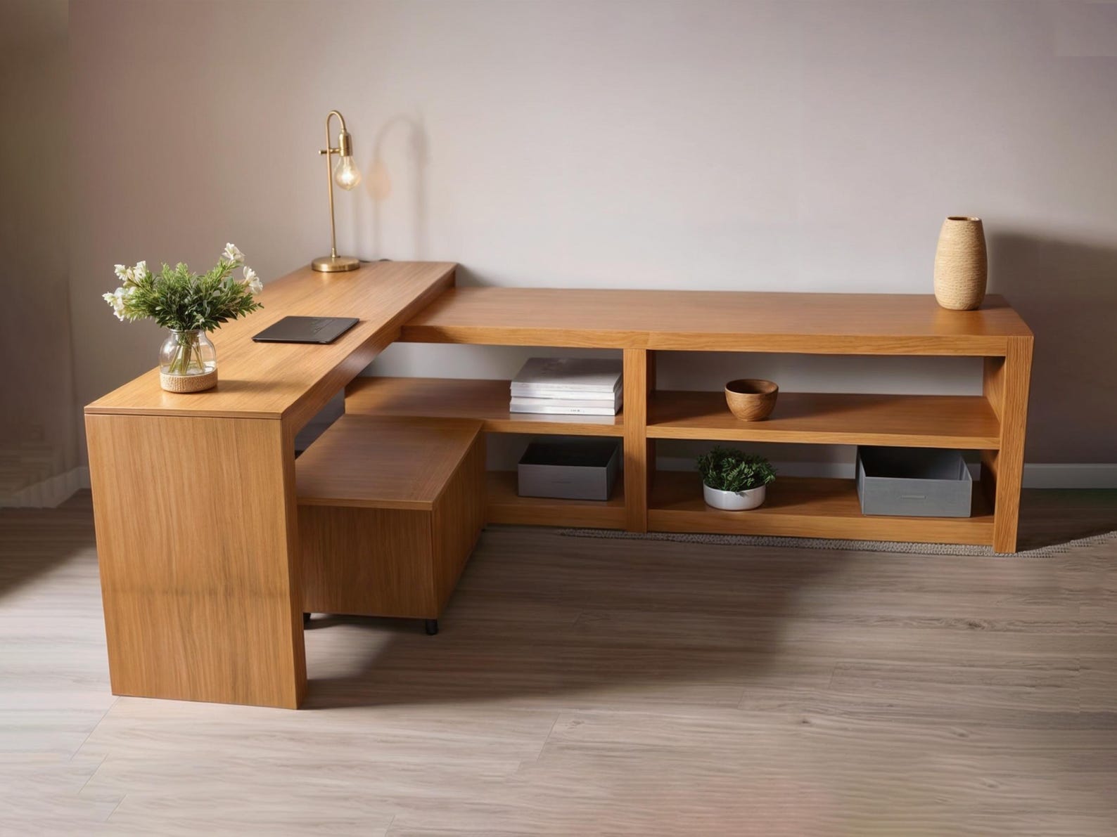 Rotatable L-shape Desk Plan: Corner Desk With Bookshelf , Woodworking ...