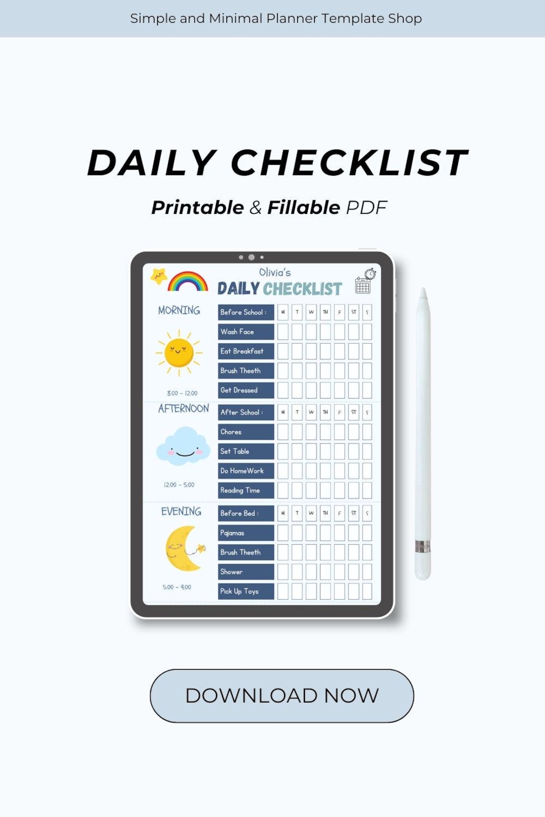 Kids Chore Chart Printable: Editable Daily & Weekly Checklist (PDF) - Etsy