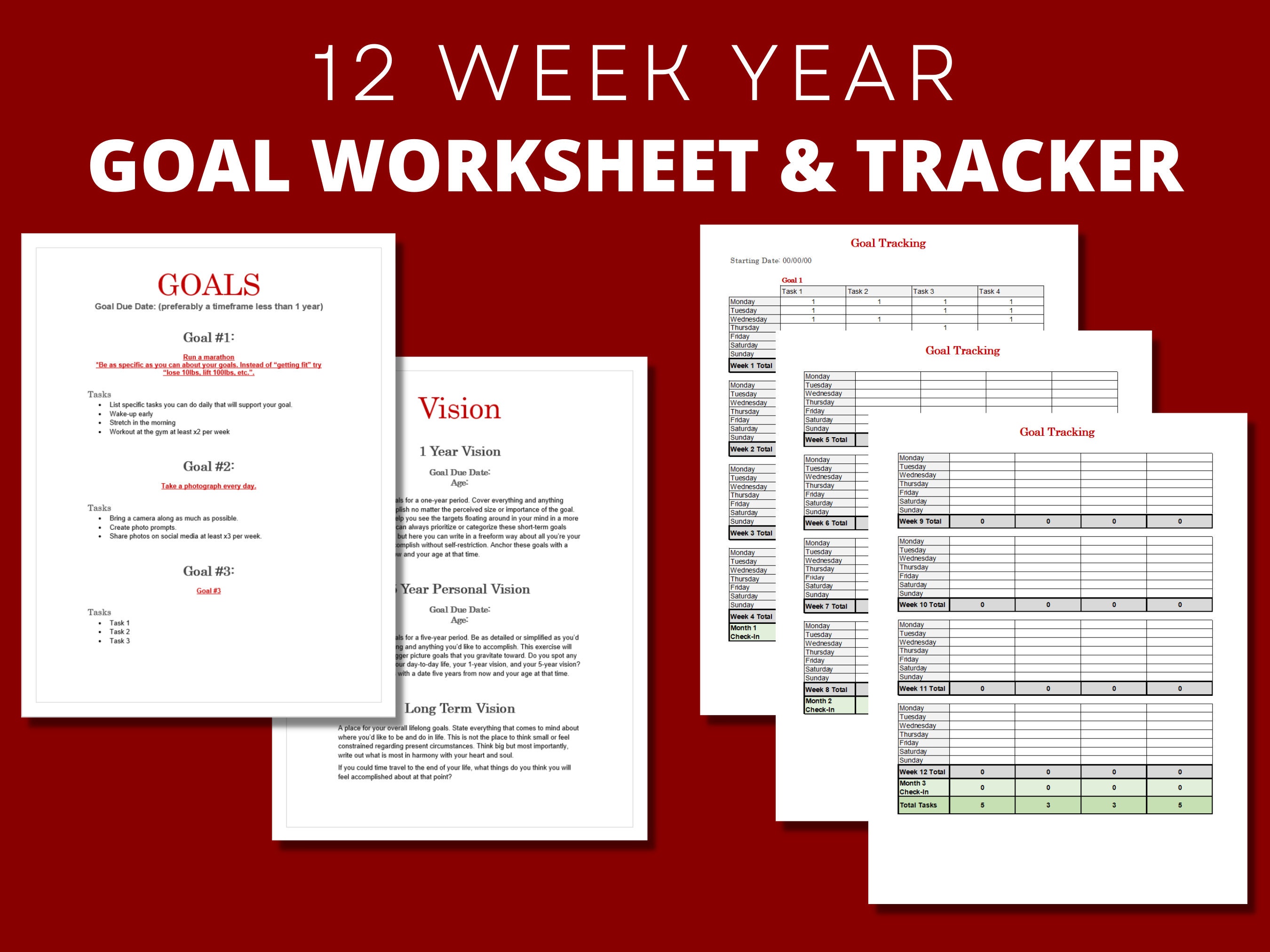 12 Week Year Printable Planner Goal Worksheet & Tracker Template Bundle ...