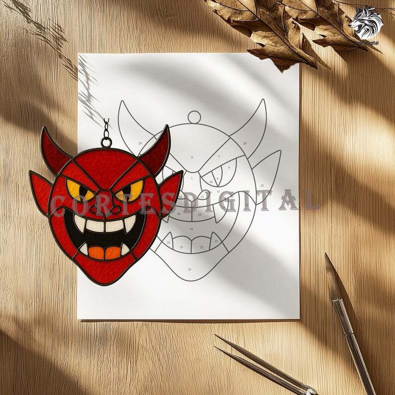 Devil Face Stained Glass Pattern | Halloween Red Demon SVG PDF Template ...