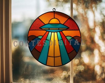 UFO Stained Glass Pattern PDF PNG, Spaceship Suncatcher Template, Space ...