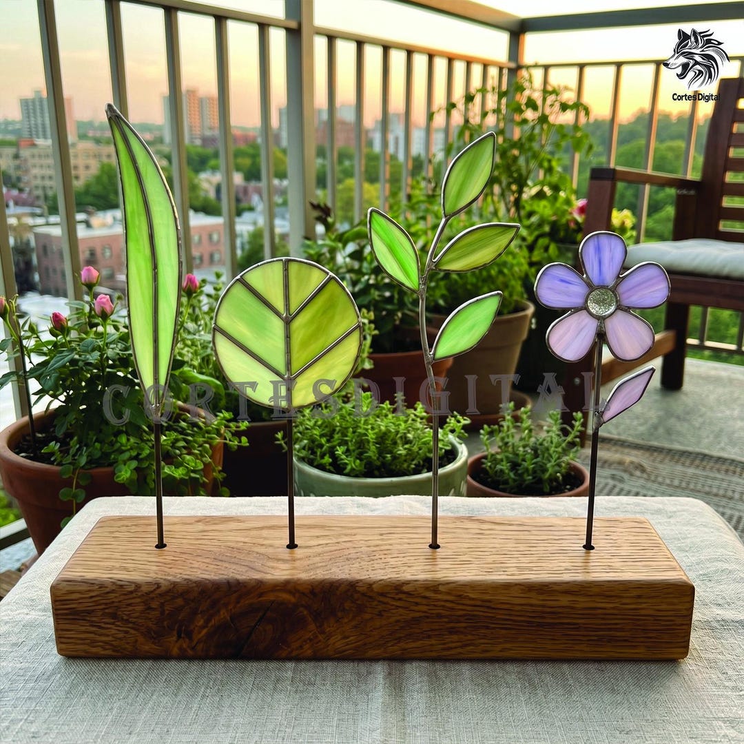 Stained Glass Plant Stakes Pattern, Minimal Leaf & Flower Garden Stakes ...