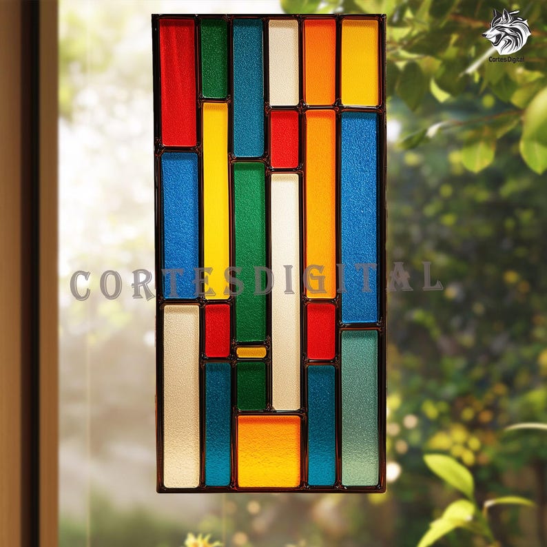 Geometric Stained Glass Pattern, Rectangular Modern Suncatcher Design ...