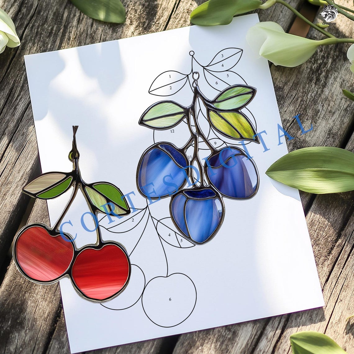 Blueberry and Cherry Stained Glass Pattern, Fruit Suncatcher Template ...