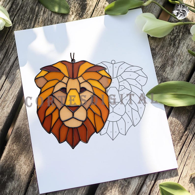 Geometric Lion Head Stained Glass Pattern, Bold Animal Suncatcher ...