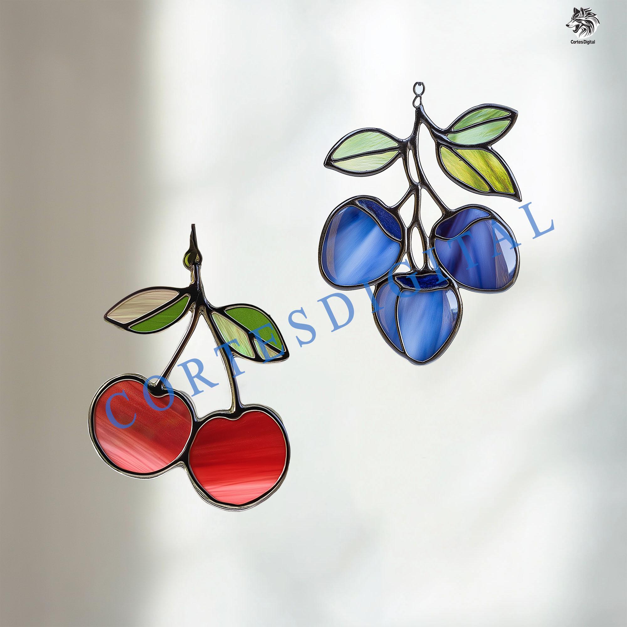 Blueberry and Cherry Stained Glass Pattern, Fruit Suncatcher Template ...