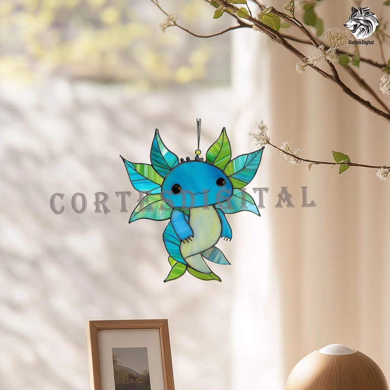 Blue Axolotl Stained Glass Pattern – Cute Chibi Suncatcher Template ...