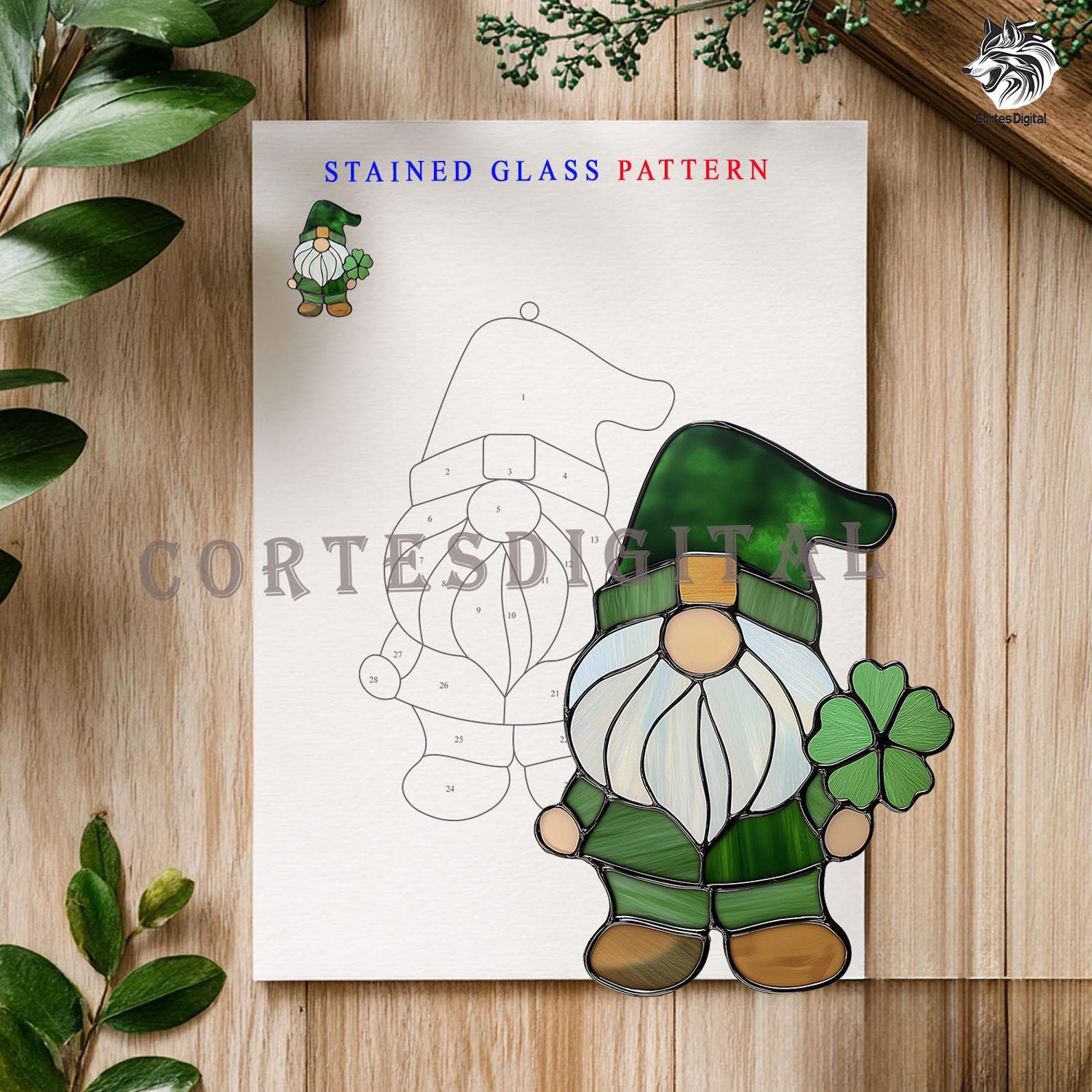 St. Patrick’s Day Gnome Stained Glass Pattern, Lucky Clover Leprechaun ...
