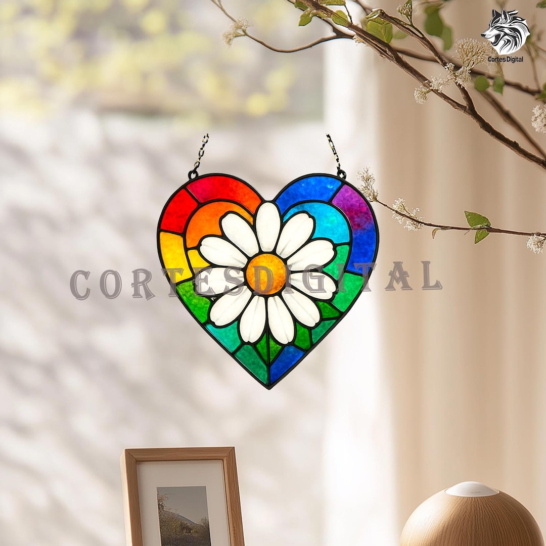 Heart Daisy Stained Glass Pattern, Floral Suncatcher Design, Colorful ...