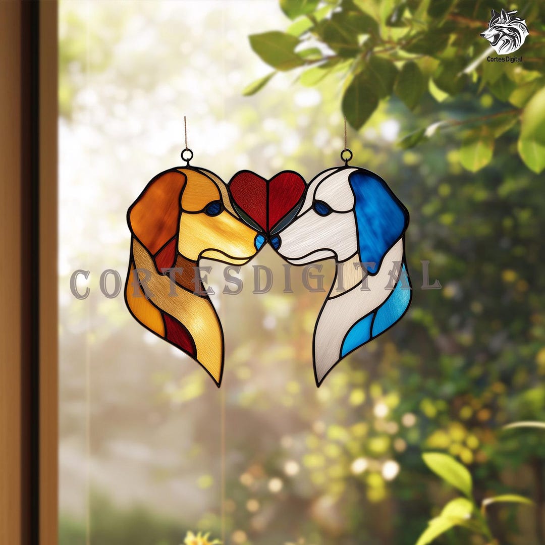 Couple Dog Stained Glass Pattern, Puppy Love With Heart Suncatcher ...