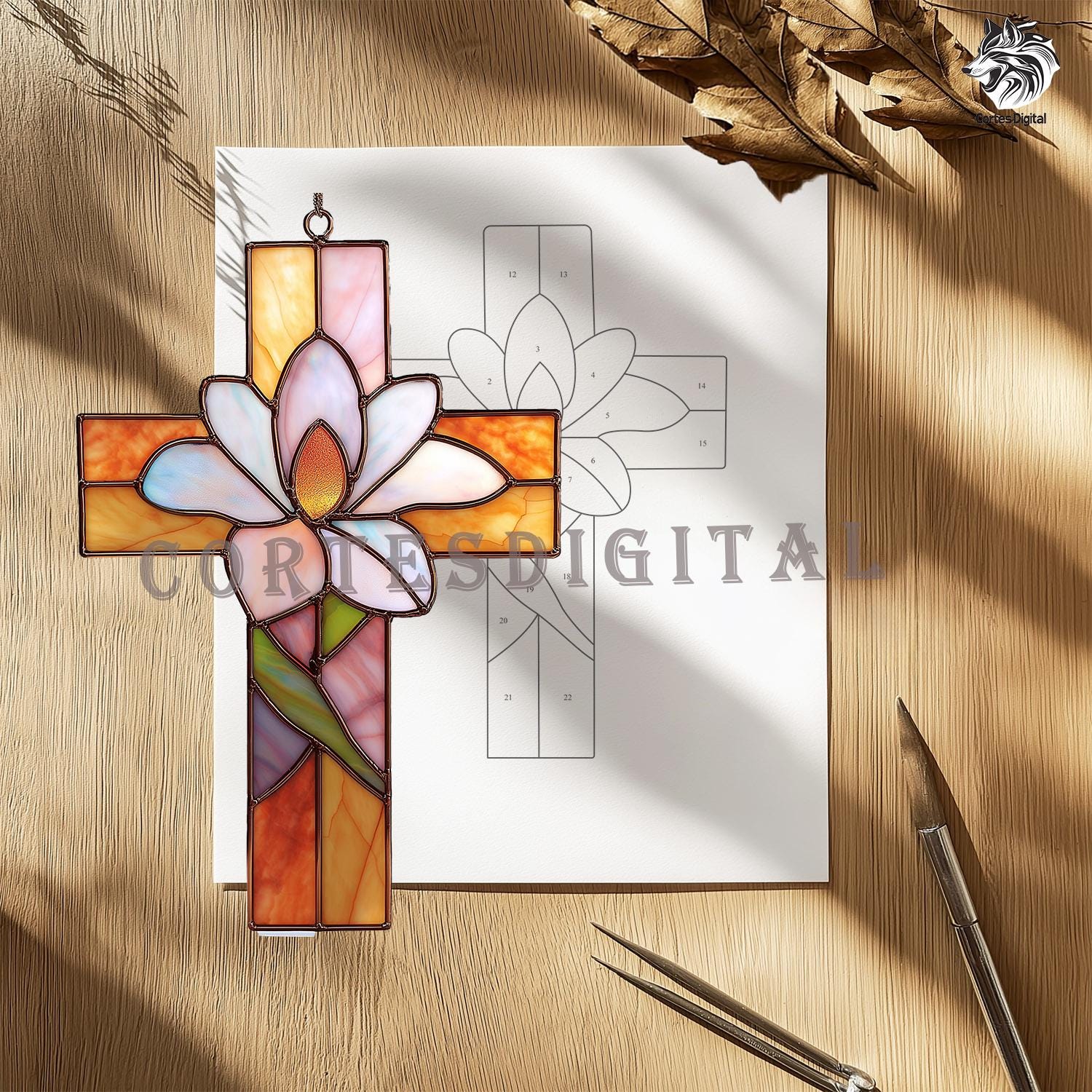 Stained Glass Cross Pattern With Lily Flower | Christian Suncatcher ...