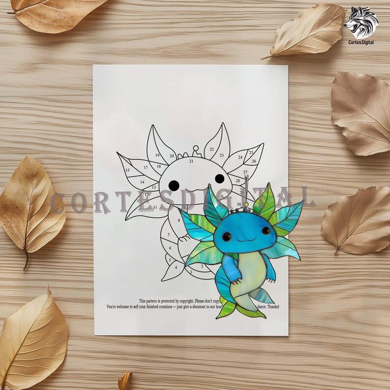 Blue Axolotl Stained Glass Pattern – Cute Chibi Suncatcher Template ...