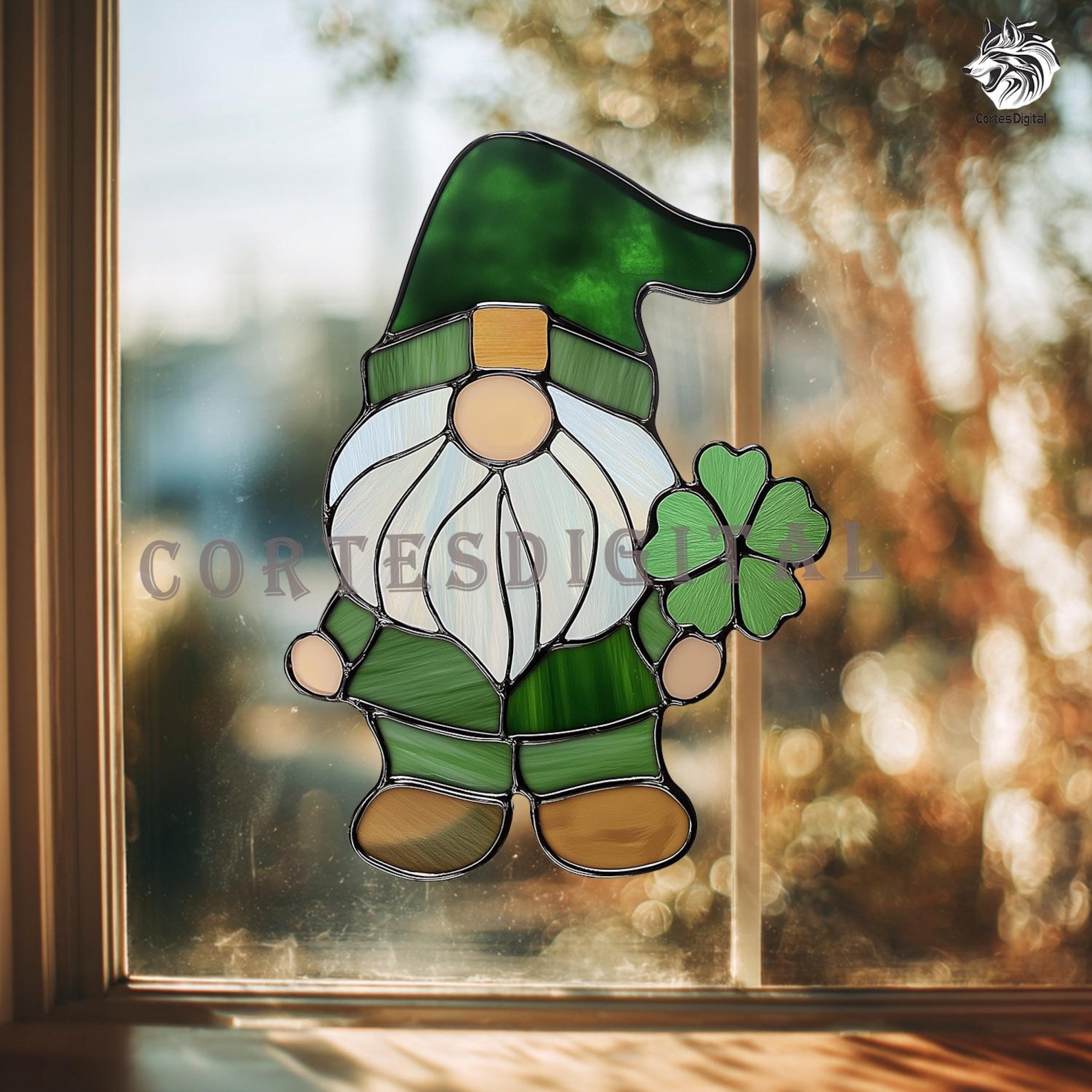 St. Patrick’s Day Gnome Stained Glass Pattern, Lucky Clover Leprechaun ...