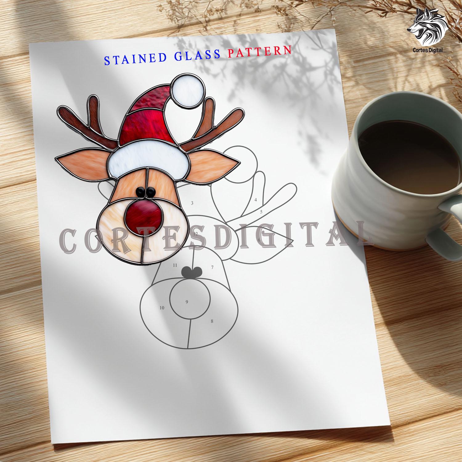 Red Nose Reindeer Stained Glass Pattern With Santa Hat, Beginner ...