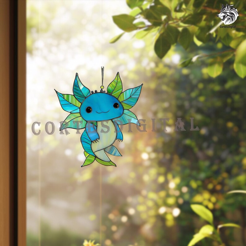 Blue Axolotl Stained Glass Pattern – Cute Chibi Suncatcher Template ...