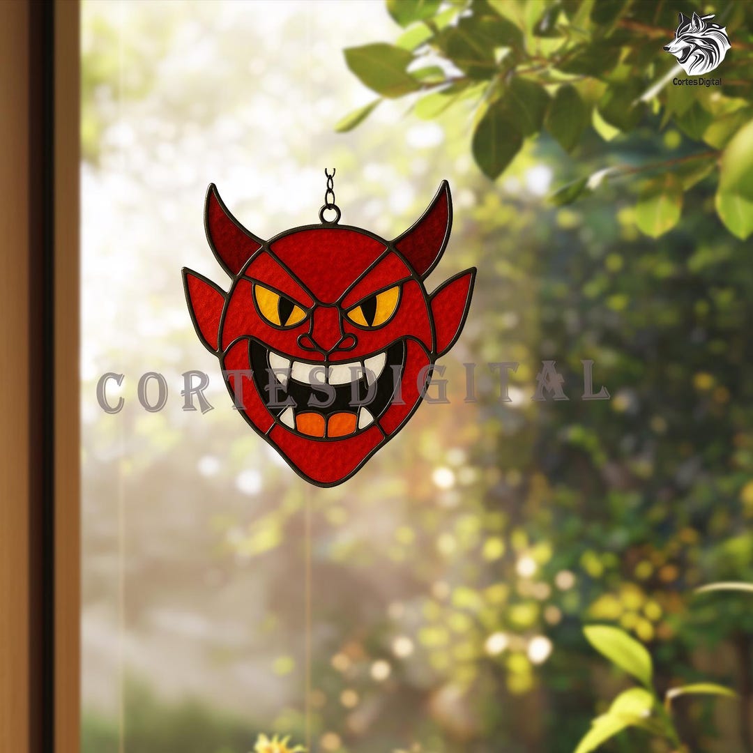 Devil Face Stained Glass Pattern | Halloween Red Demon SVG PDF Template ...