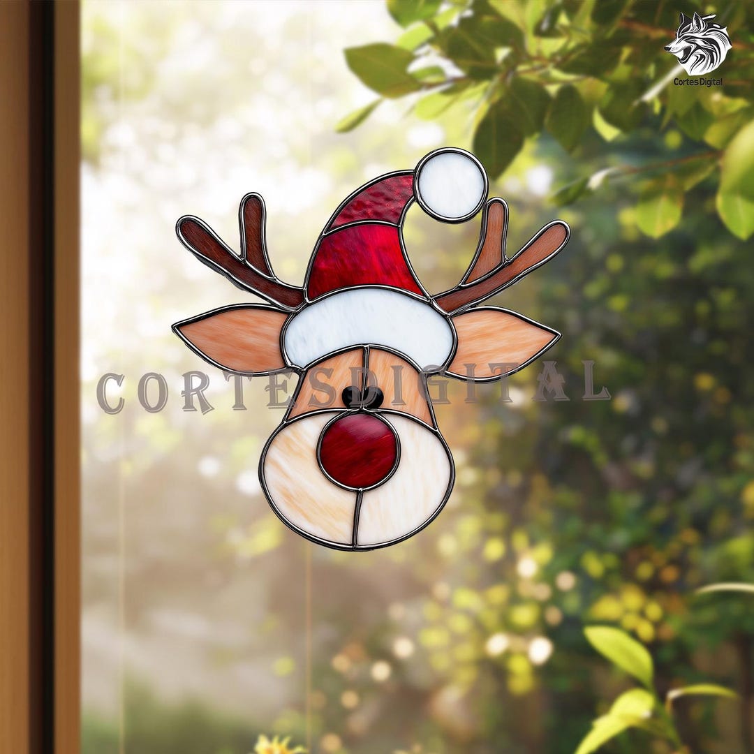 Red Nose Reindeer Stained Glass Pattern With Santa Hat, Beginner ...